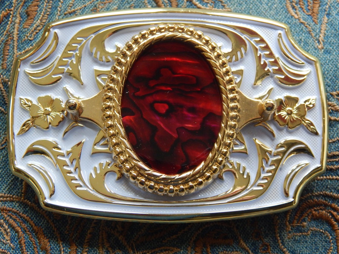 New Exclusive Red Abalone Shell Belt Buckle Gold / White Colour Metal ...