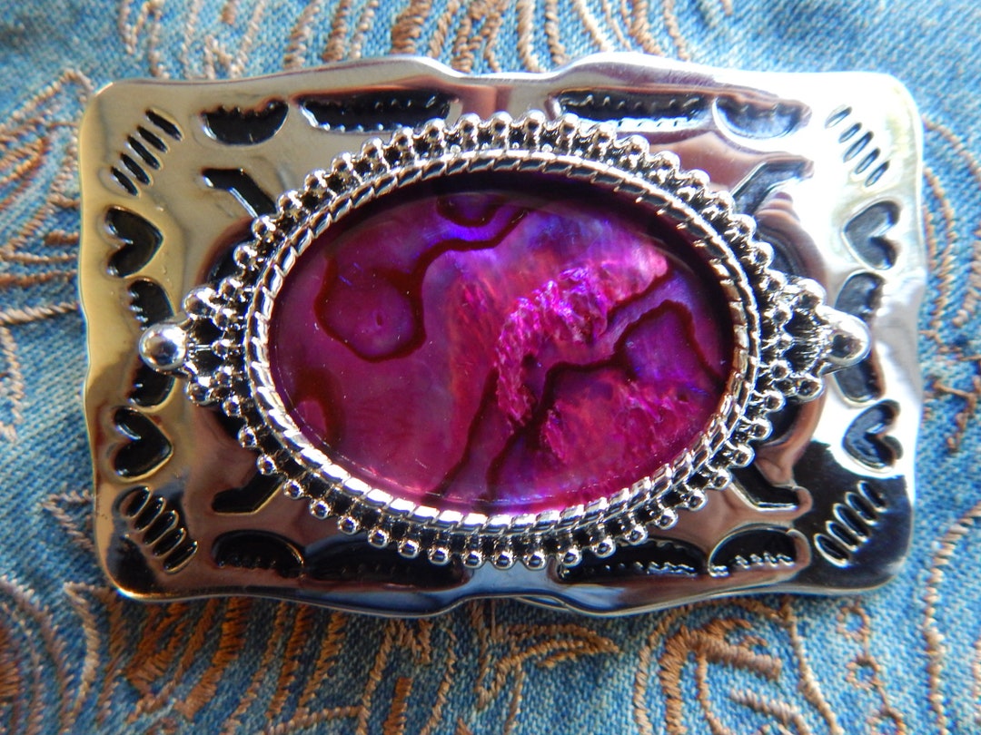 New Purple Abalone Shell Belt Buckle Silver Coloured Metal Ladies Men ...