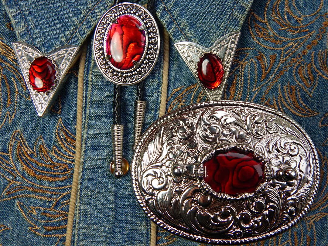 New Red Abalone Shell Bolo Bootlace Tie Oval Belt Buckle and Collar ...