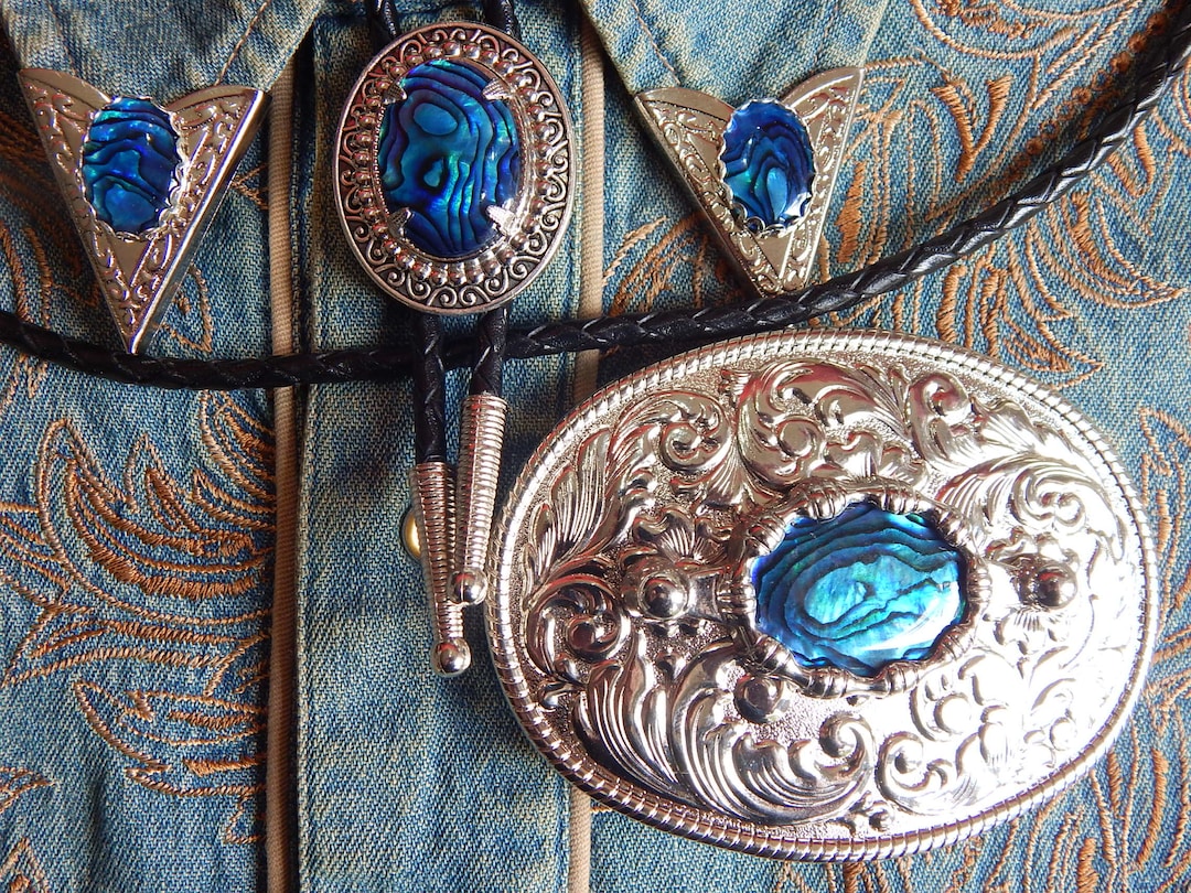 Blue Abalone Bolo Tie, Belt Buckle,bolo Tie & Collar Tips Set: Western ...