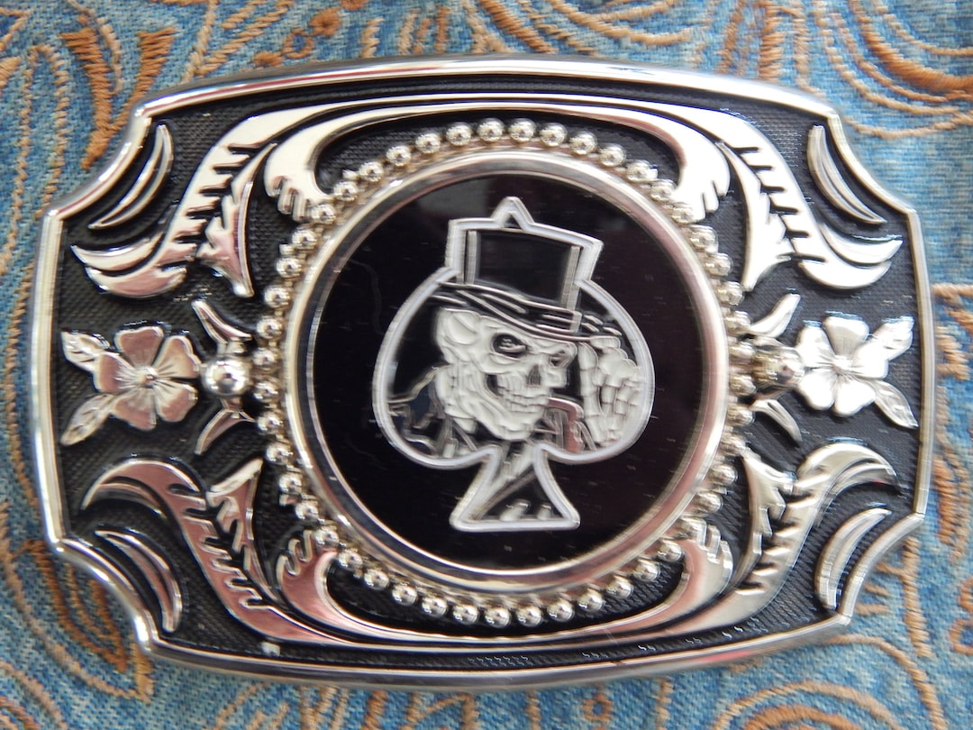 New Ace of Spades Top Hat Skull Head Silver/black Coloured Metal Belt ...