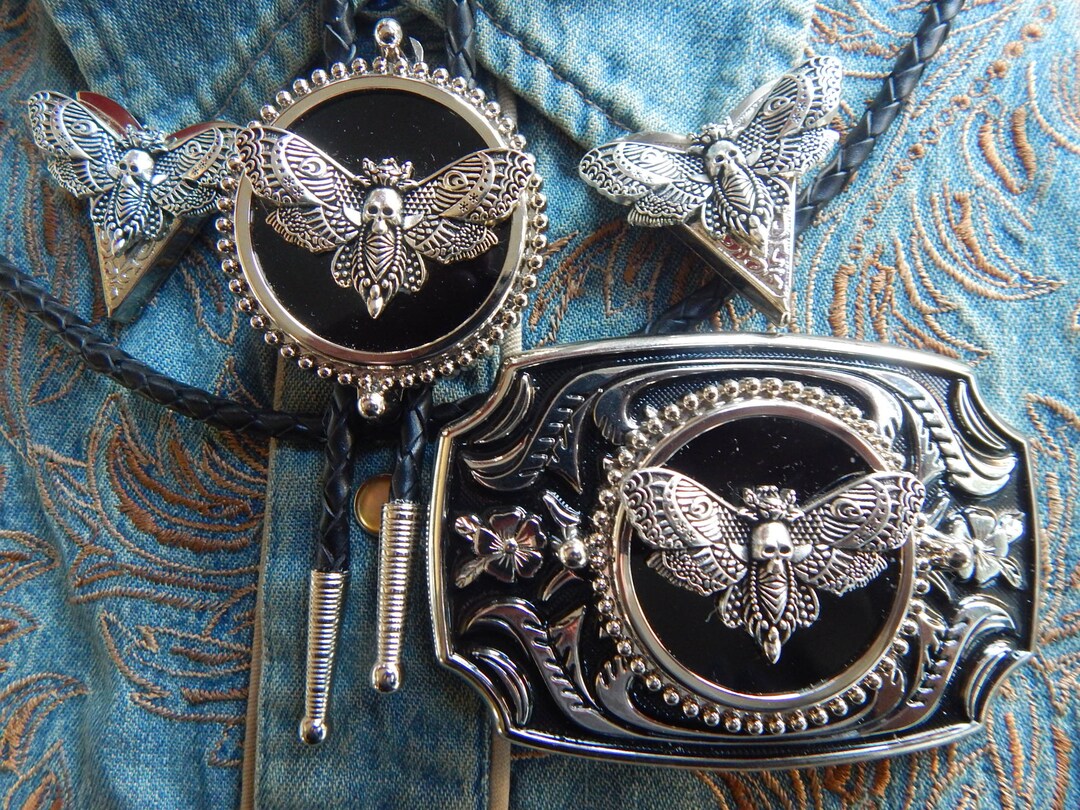 New Death Head Skull Moth Belt Buckle Bolo Bootlace Tie and - Etsy