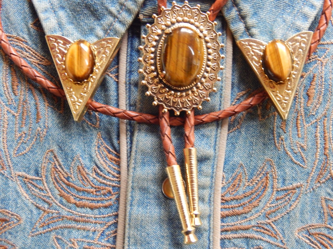 New Tigers Eye Stone Bolo Bootlace Tie Tan Leather Cord & Collar Tips ...