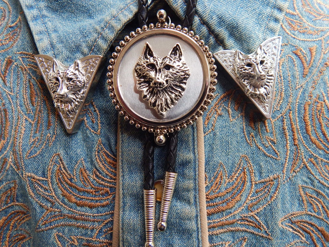 Wolf Head Bolo Tie & Collar Tips Set: Silver Western Wedding - Etsy