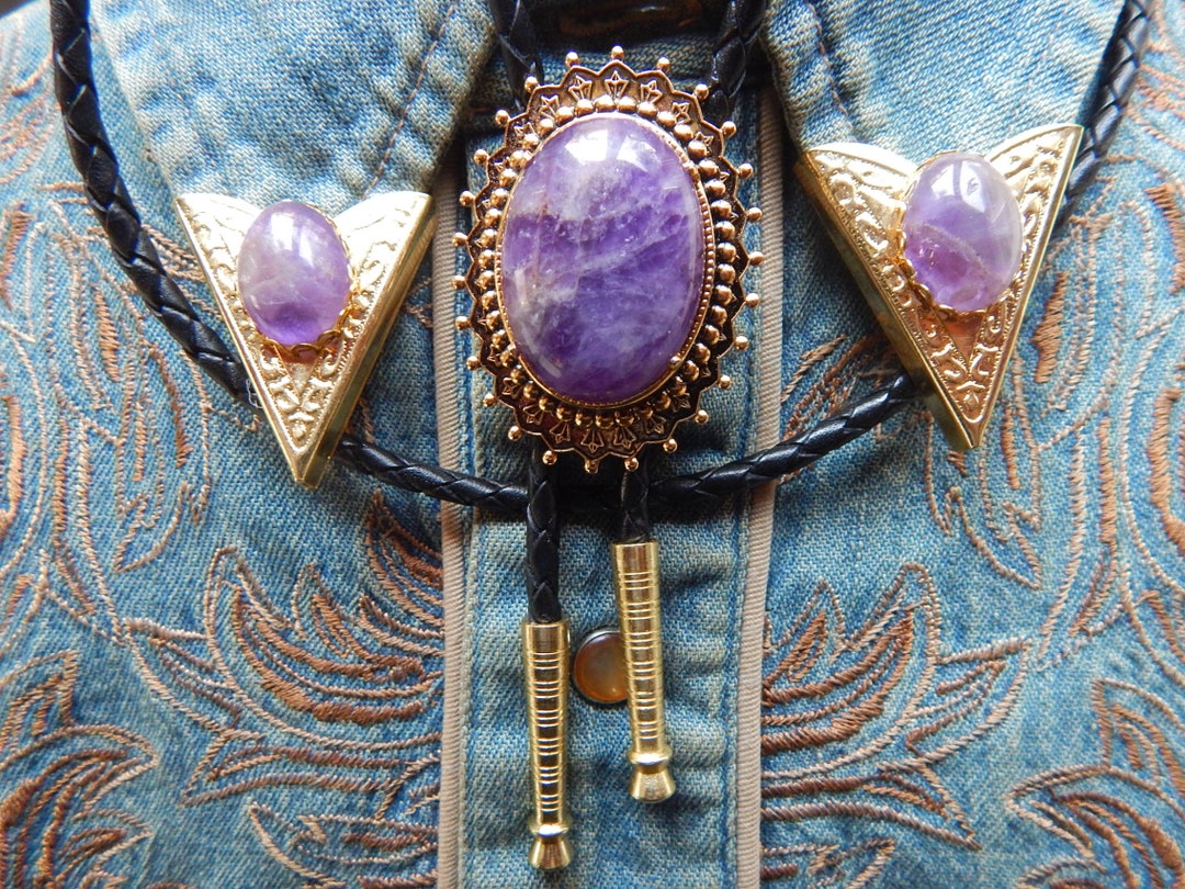 New Unique Purple Amethyst Stone Bolo Bootlace Tie and Collar Tips Set ...