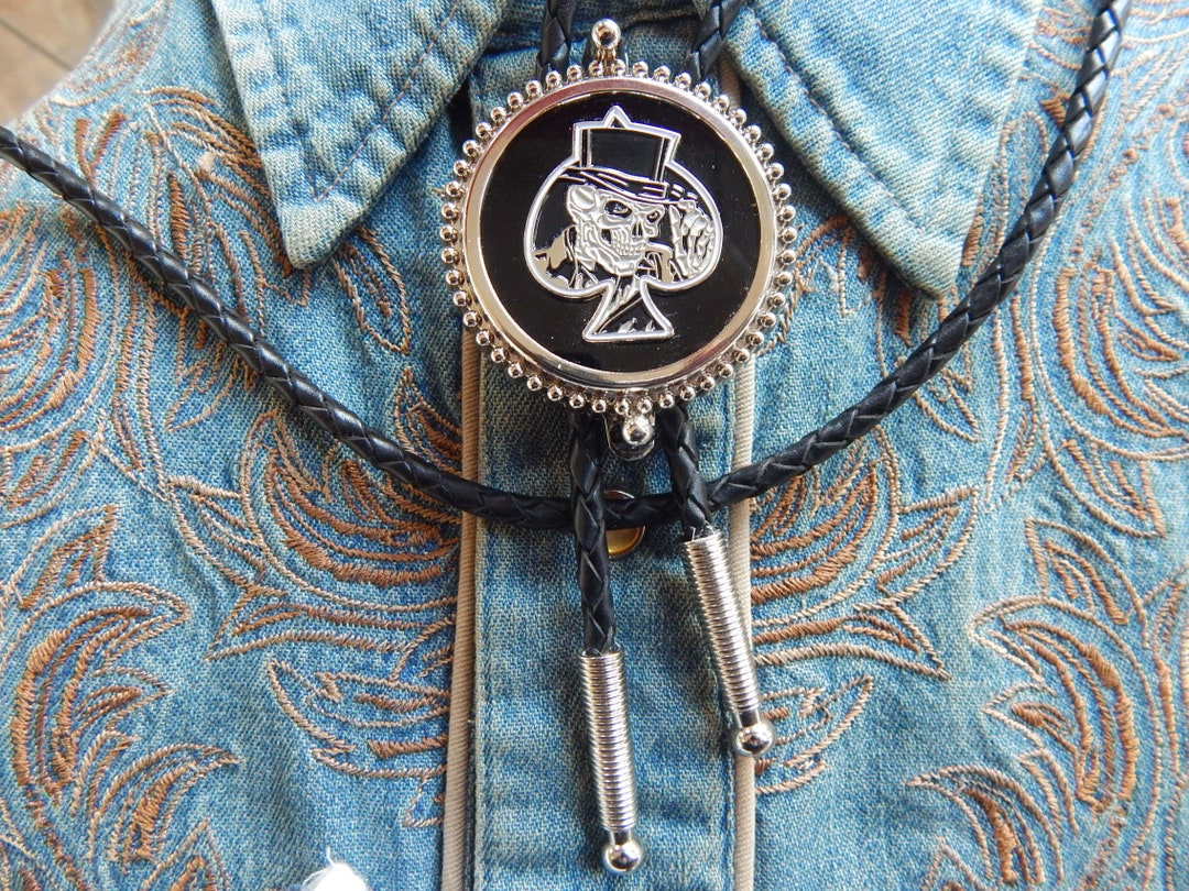New Ace of Spades Skull Top Hat Bolo Bootlace Tie Silver Coloured Metal ...