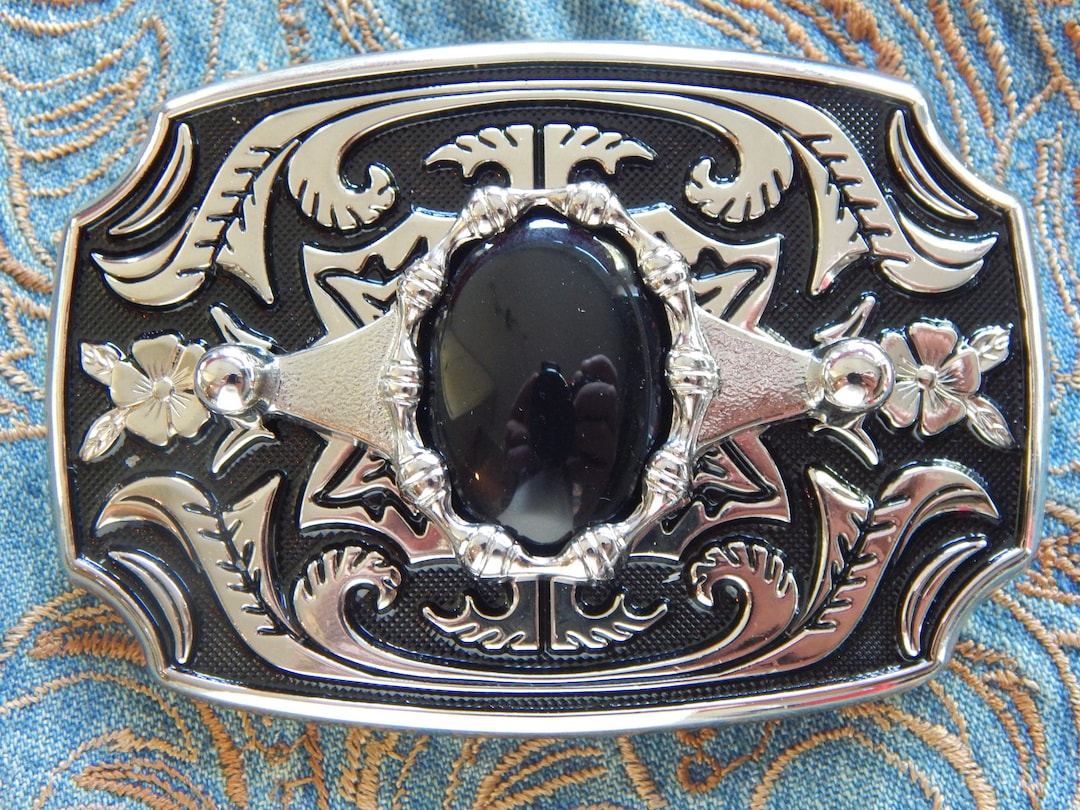 New Black Onyx Belt Buckle Silver / Black Coloured Metal Western Goth ...