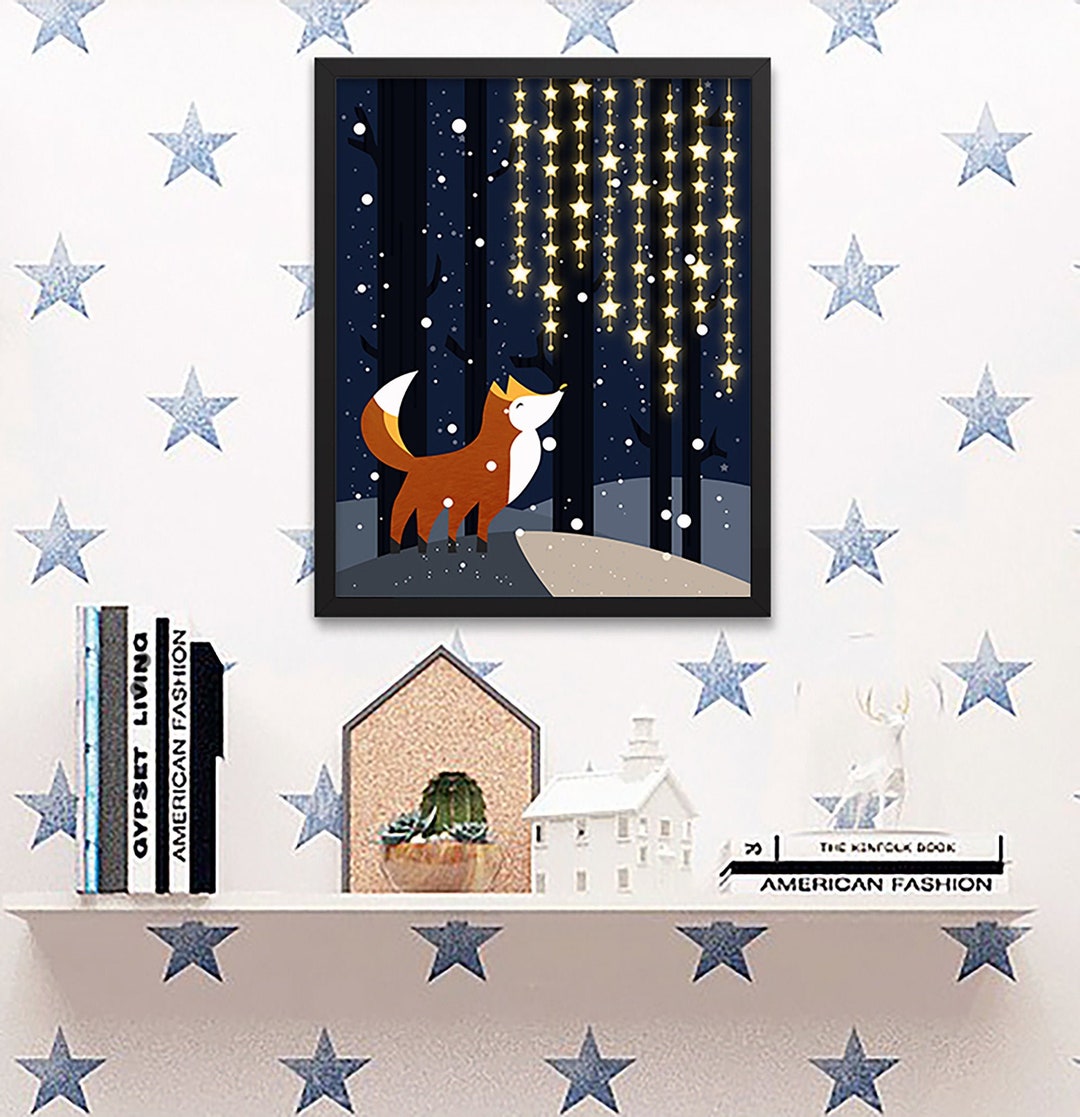 Fox and Stars Framed Poster Christmas Winter Snowy Forest and a Red Fox ...