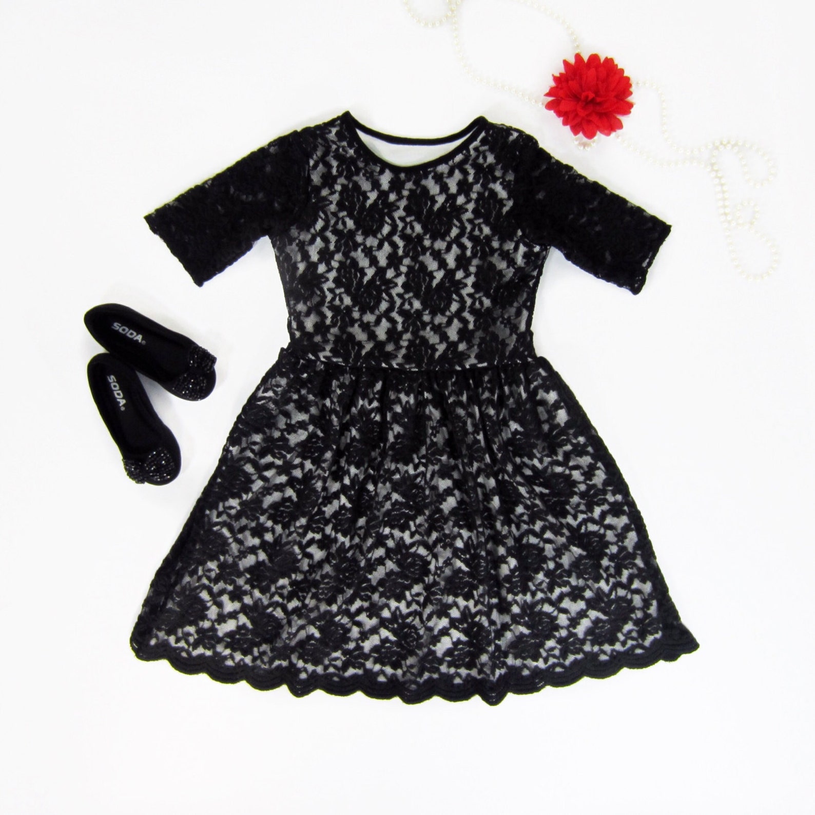 Girls Black Lace Dress with Scalloped Hemline Girls Black | Etsy