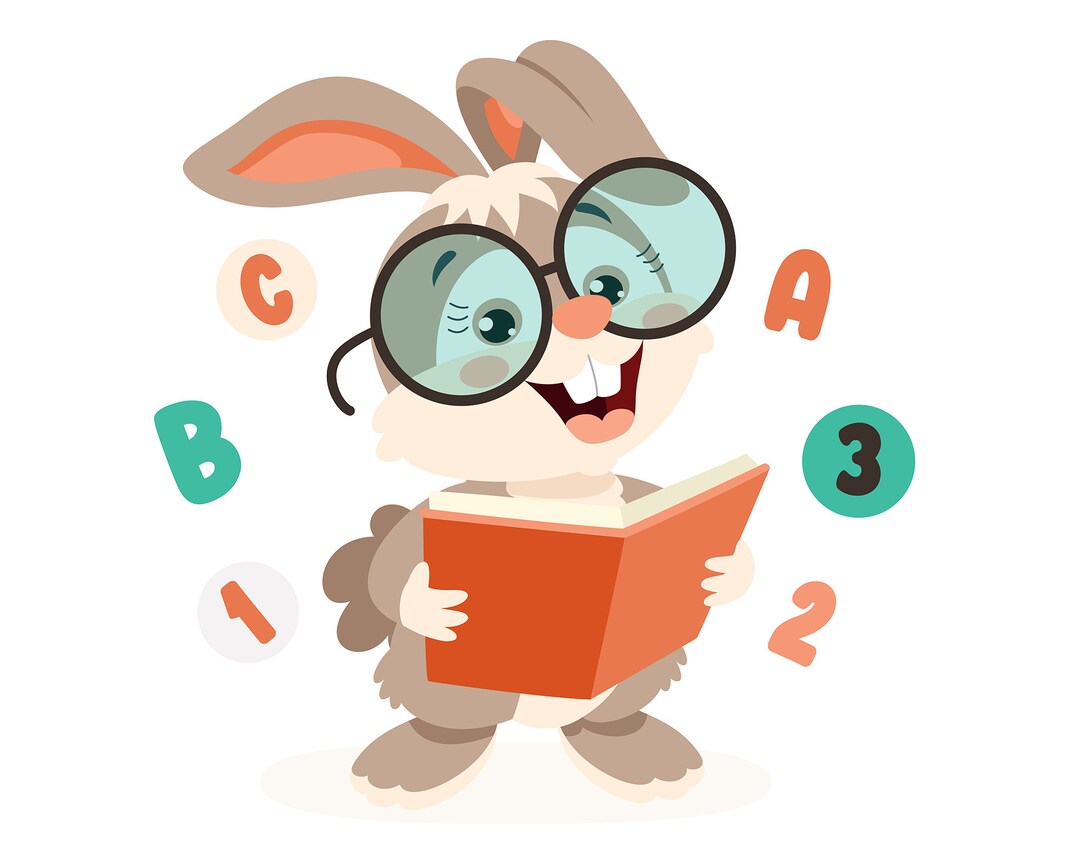 Vector Illustration of Cartoon Rabbit Reading Book - Etsy