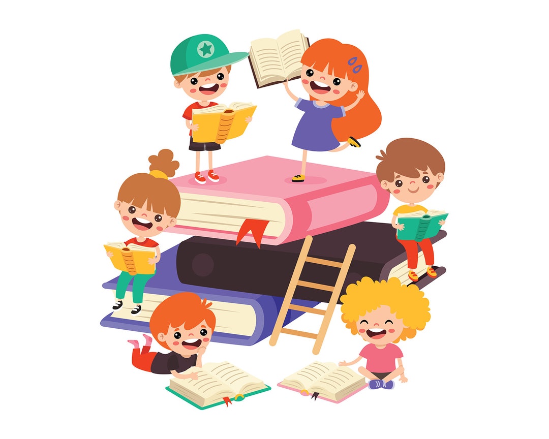 Vector Illustration of Cartoon Kids Reading Book - Etsy