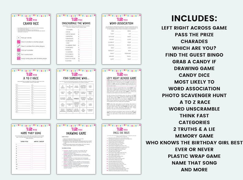 12th Birthday Party Games Bundle Sleepover Party Activities Tween Party ...