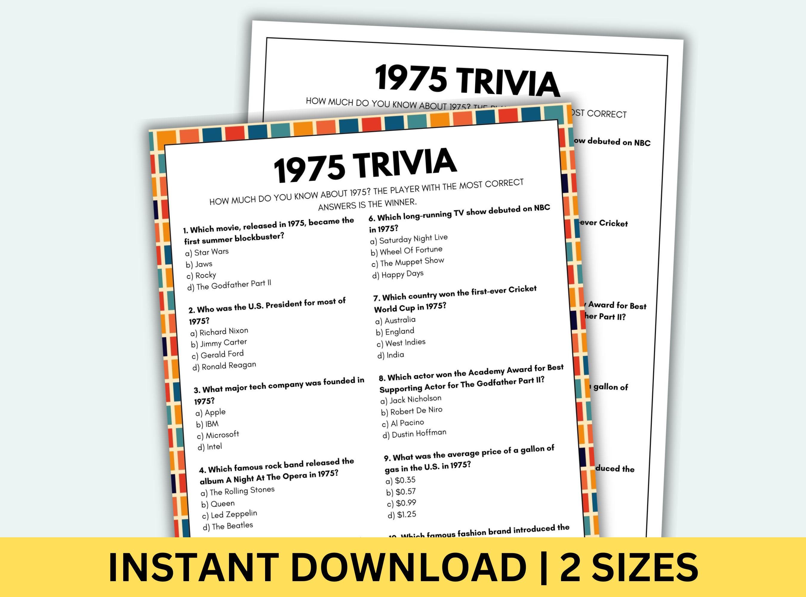 1975 Trivia Game Printable 50th Birthday Games Born in 1975 Game ...