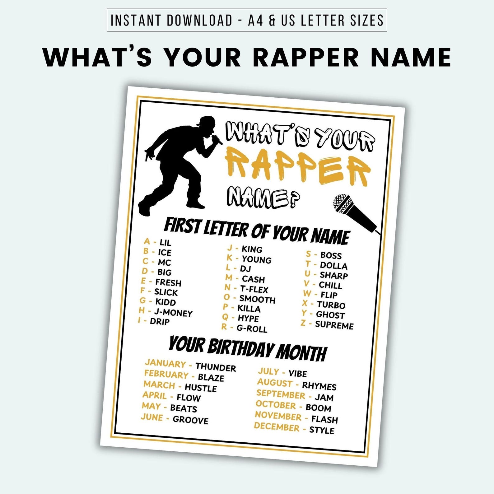 What's Your Rapper Name Party Game Printable Hip Hop Party Game Rapper ...