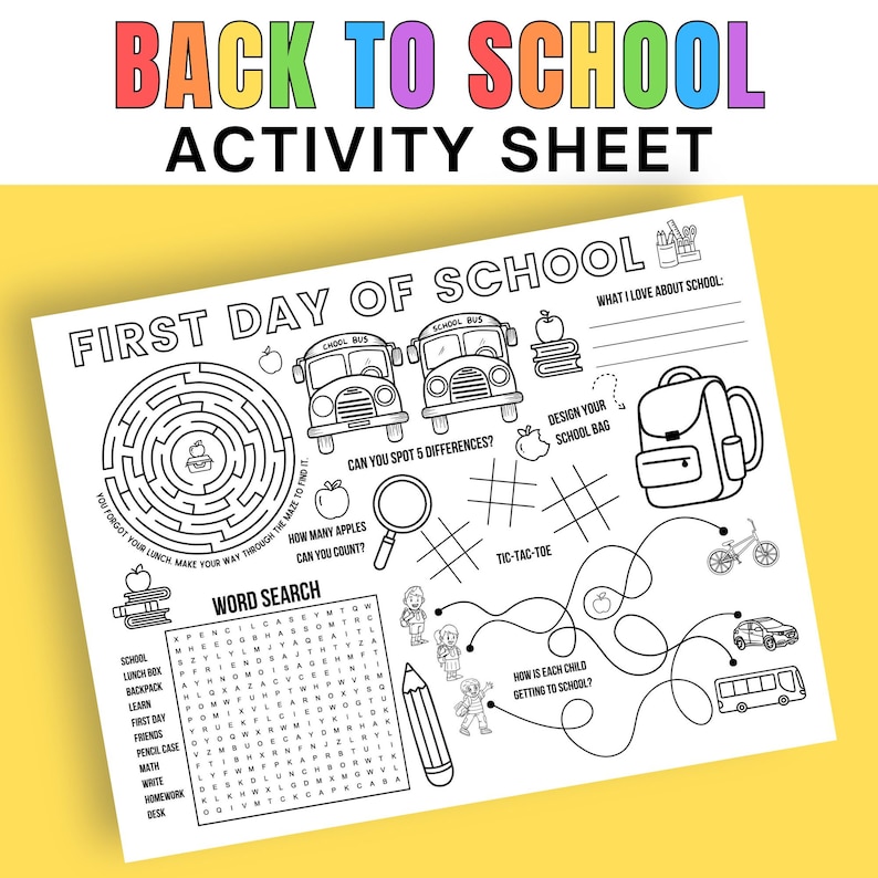 Back to School Activity Sheet Printable First Day of School Activity ...