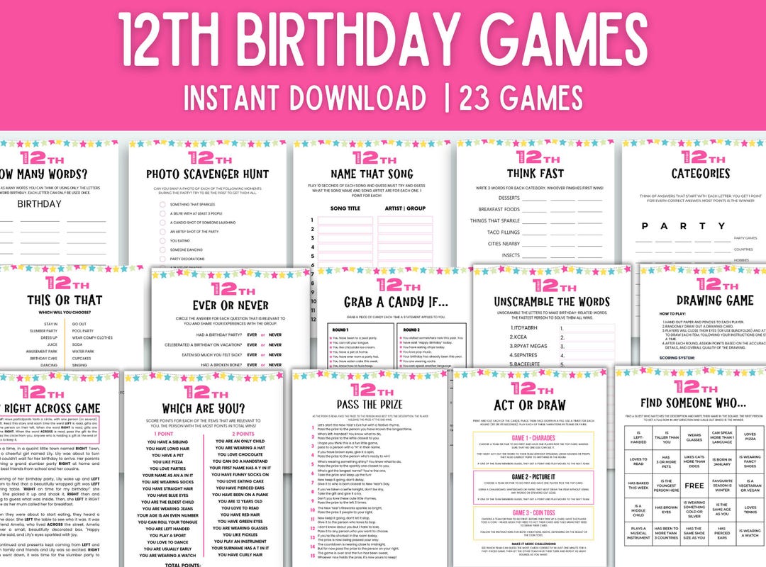 12th Birthday Party Games Bundle Sleepover Party Activities Tween Party ...