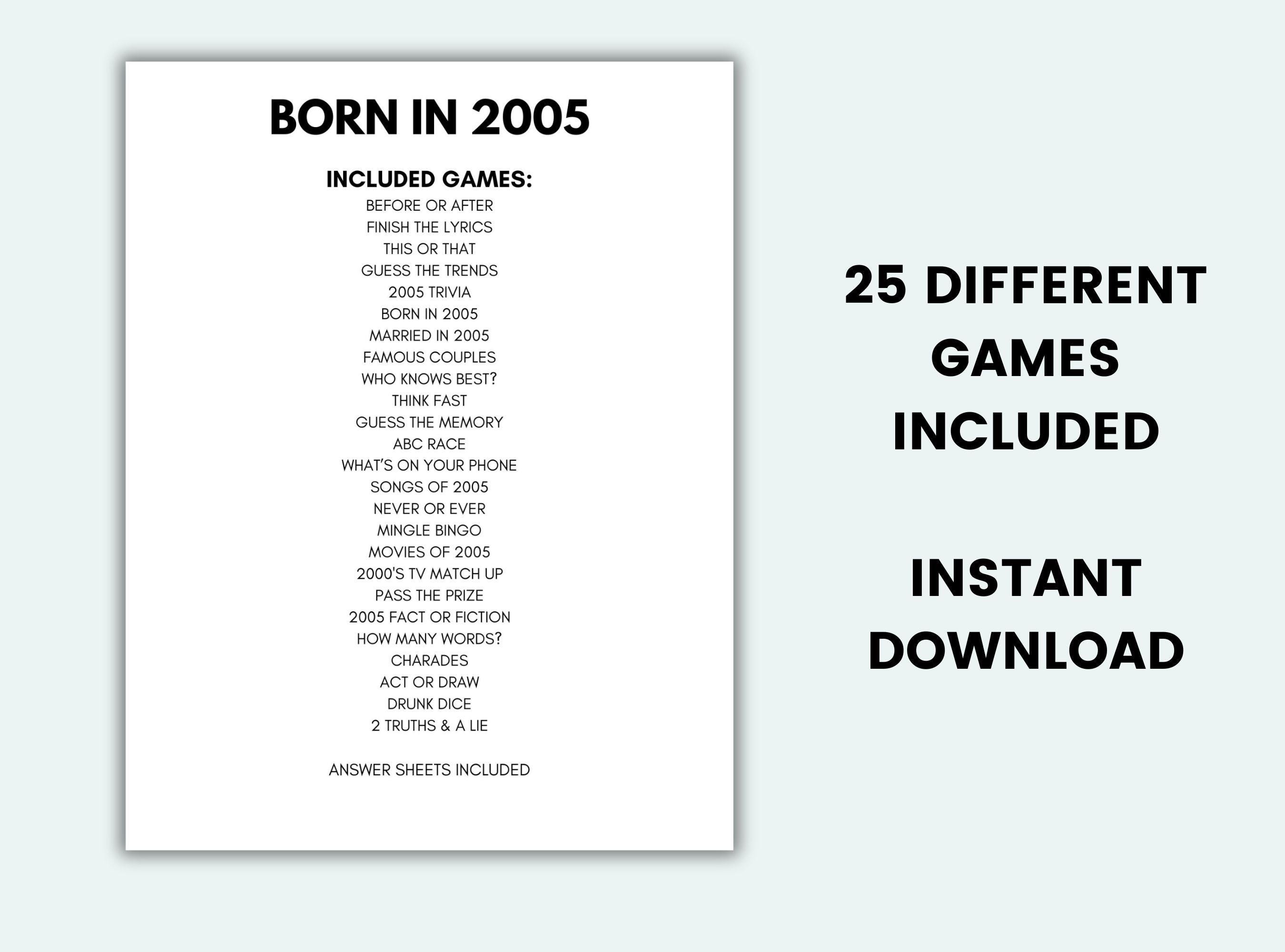 20th Birthday Games Printable Born in 2005 Games Born in 2005 Birthday ...