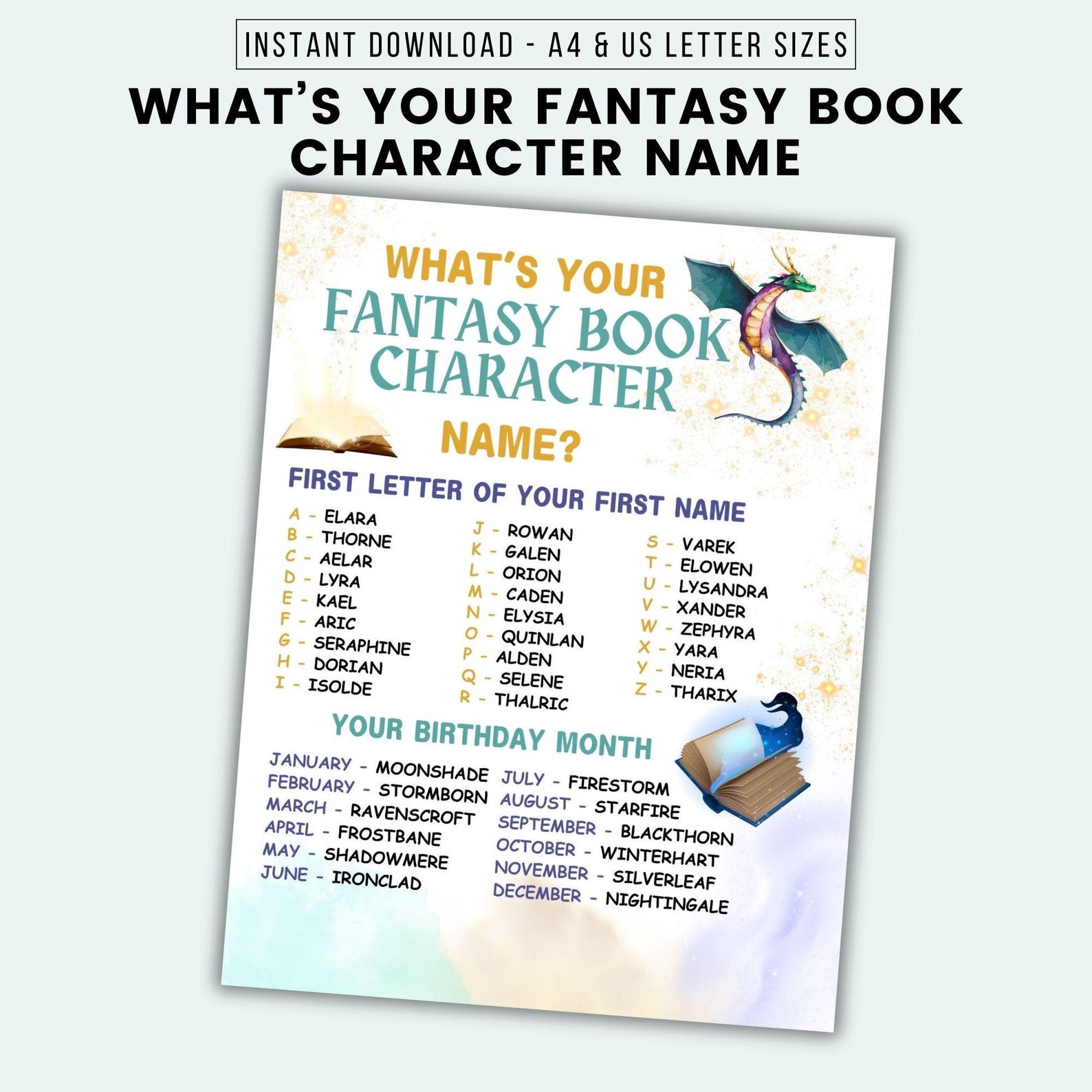 What's Your Fantasy Book Character Name Party Game Printable Fantasy ...