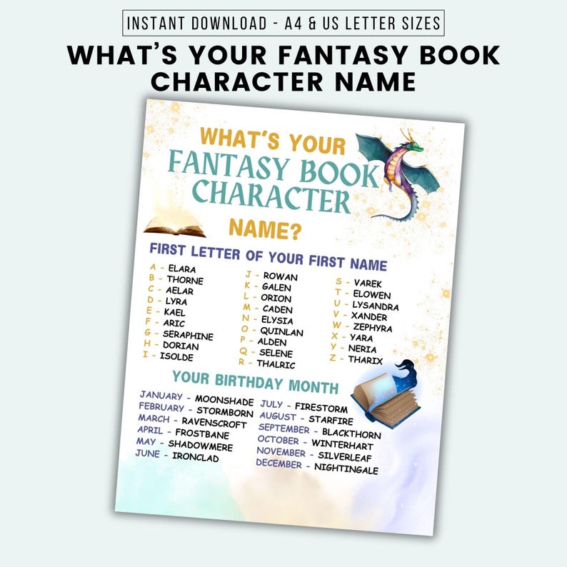 What's Your Fantasy Book Character Name Party Game Printable Fantasy ...