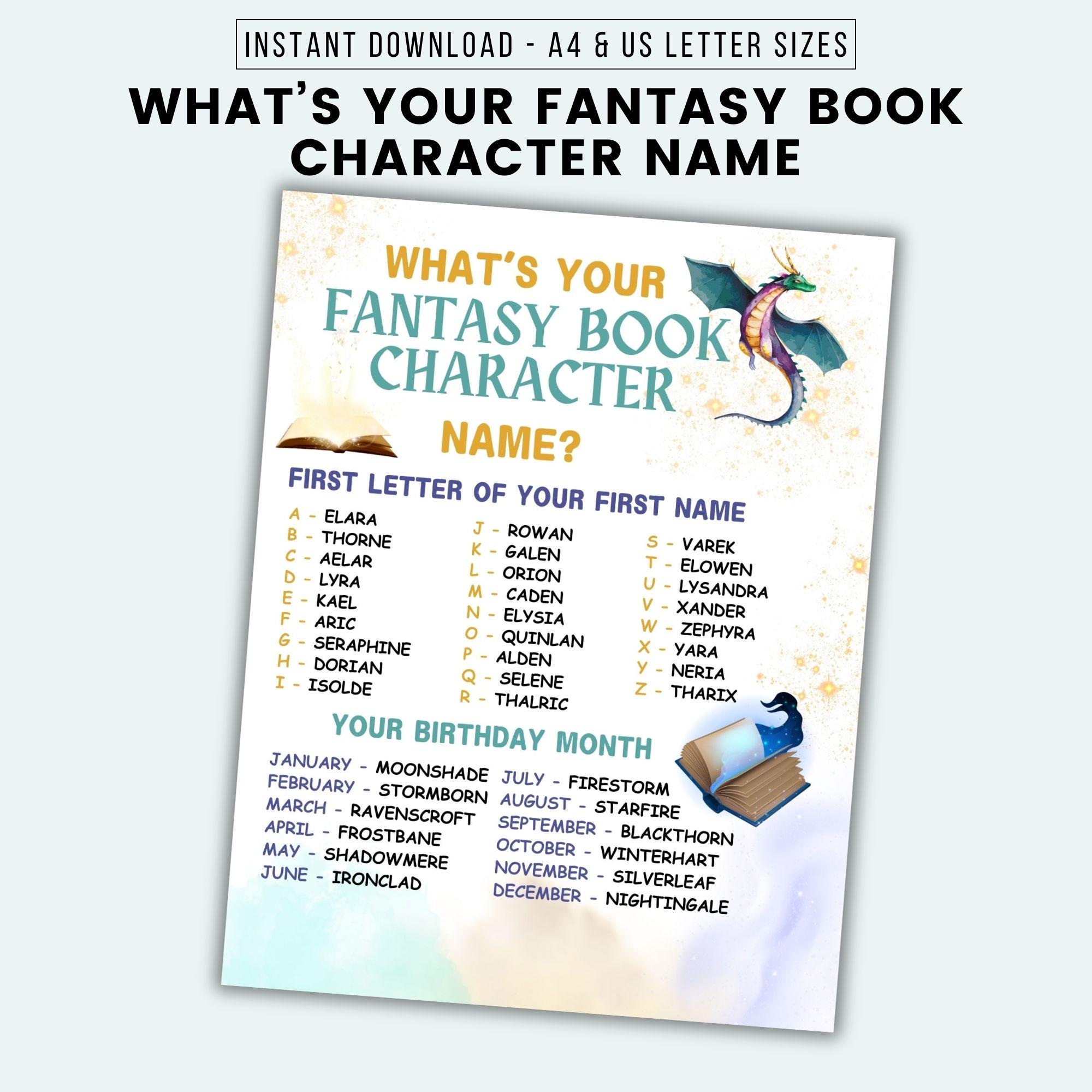 What's Your Fantasy Book Character Name Party Game Printable Fantasy ...