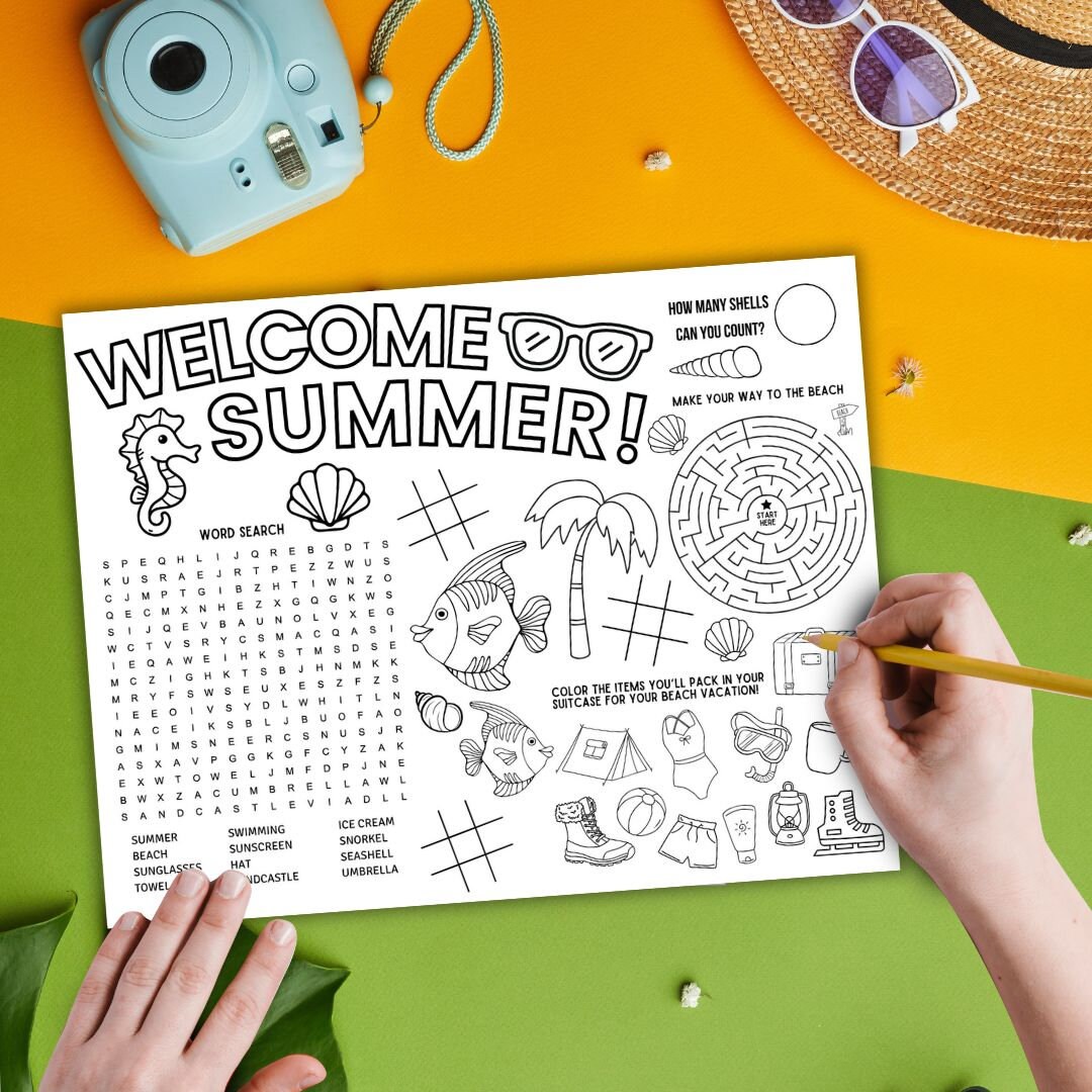 Summer Activity Placemat Printable Summer Coloring Placemats Summer ...