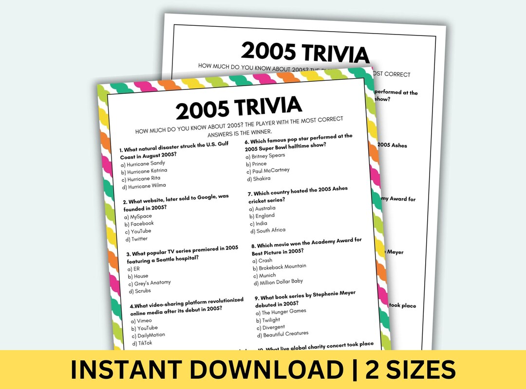 2005 Trivia Game Printable 21st Birthday Games Born in 2005 Game ...