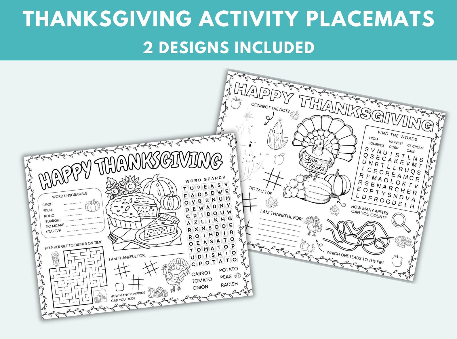 Thanksgiving Activity Placemat Printable Thanksgiving Coloring Placemat ...