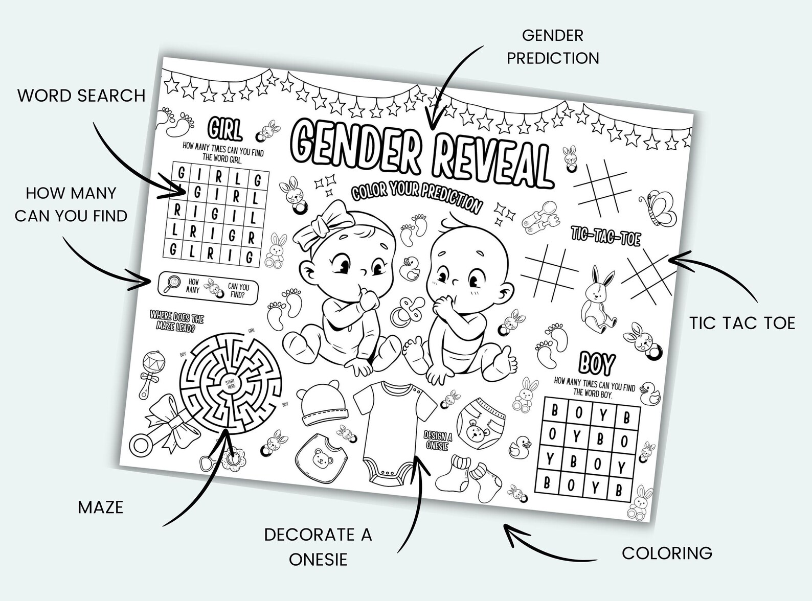Gender Reveal Activity Placemat Printable Gender Reveal Coloring for ...