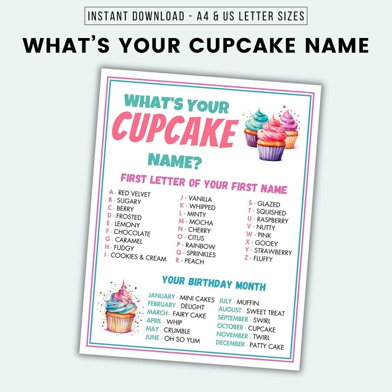 What's Your Cupcake Name Party Game Printable Cupcake Party Game ...
