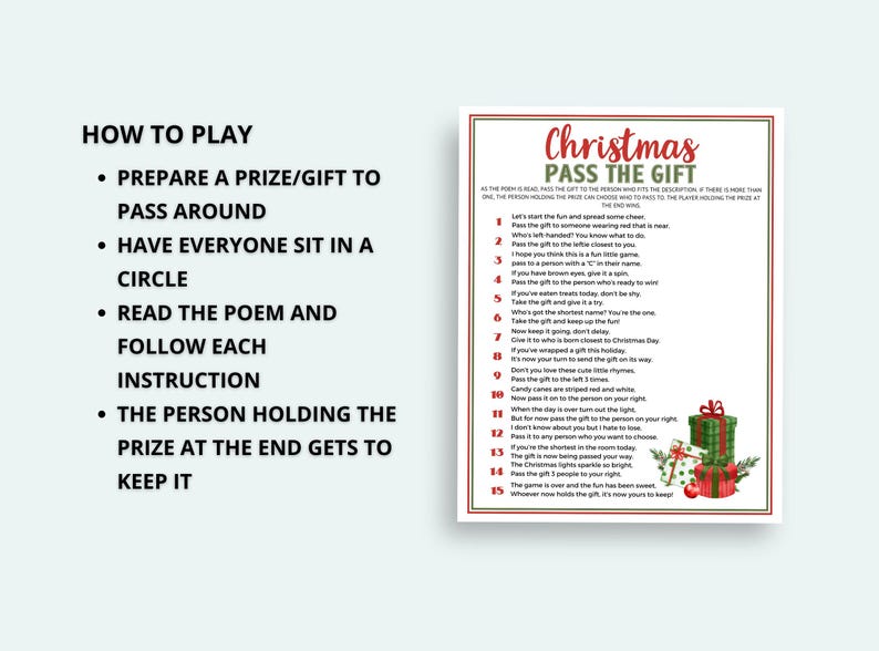 Pass the Gift Game Printable Christmas Game Christmas Pass the Prize ...