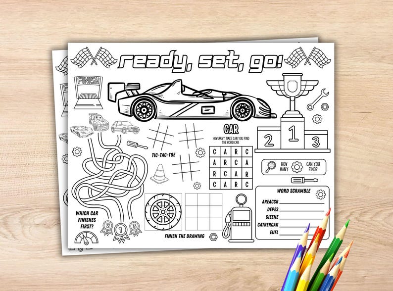 Race Car Party Activity Placemat Printable Race Car Coloring Placemat ...