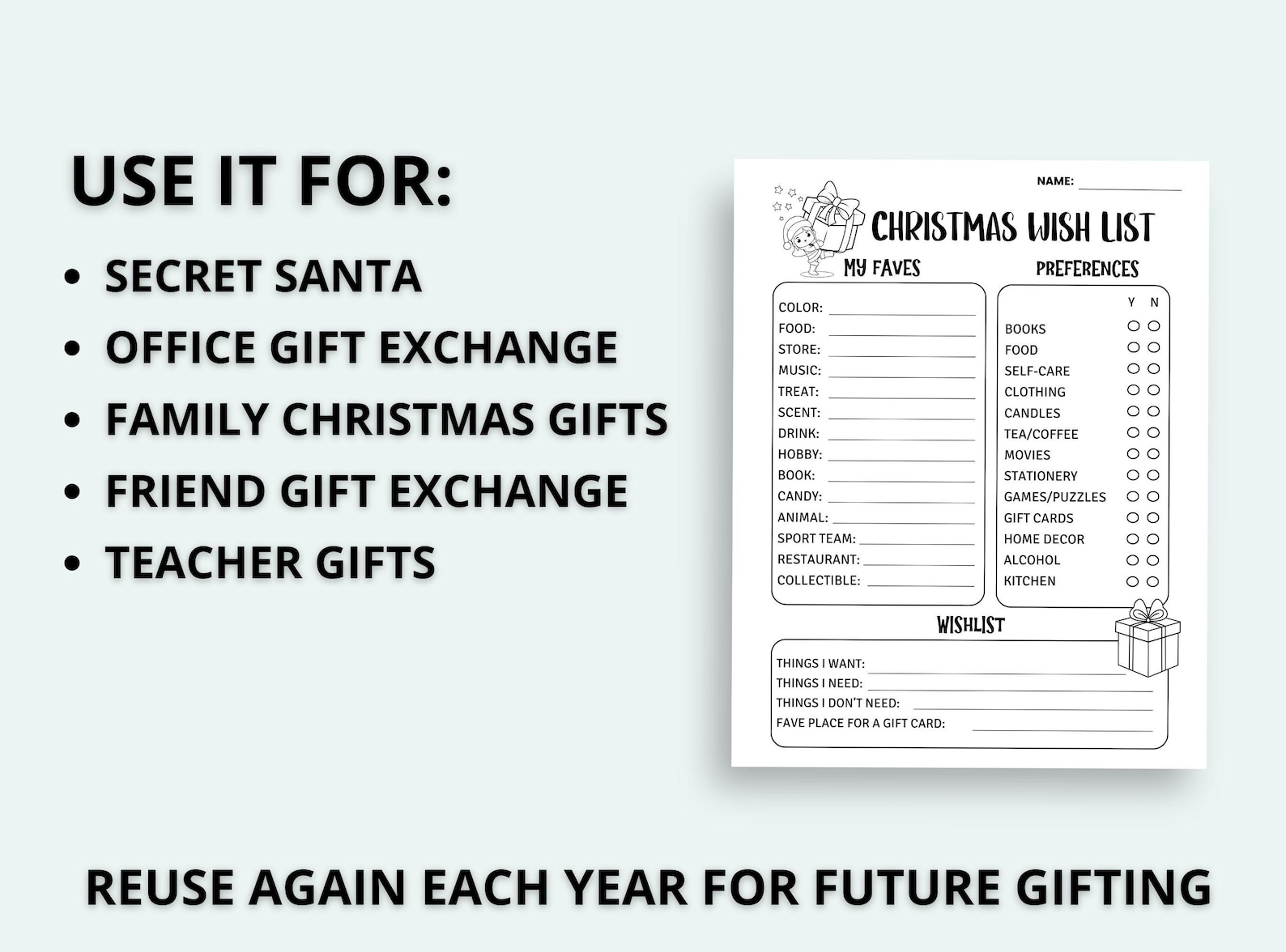 Christmas Wish List Coworker Printable Secret Santa Survey Gift ...