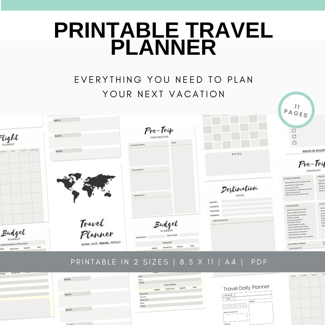 Printable Travel Planner Vacation Planning Set - 11 Pages for Complete ...