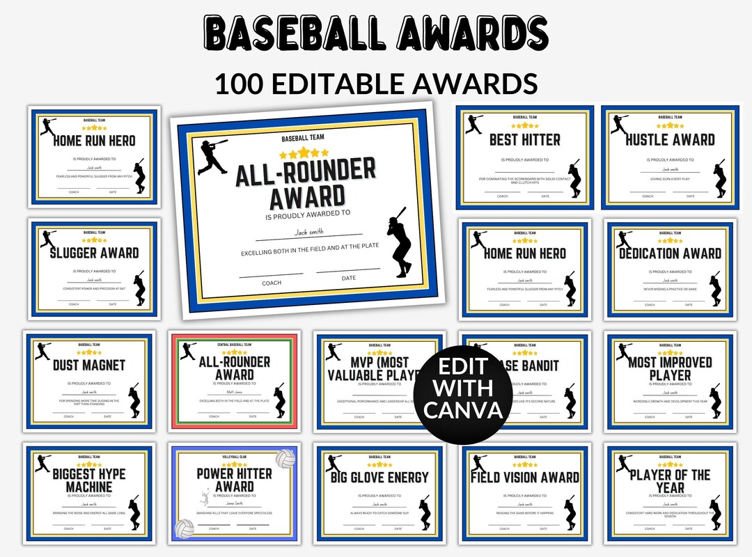 Editable Baseball Award Certificates Printable Baseball Team Awards End ...