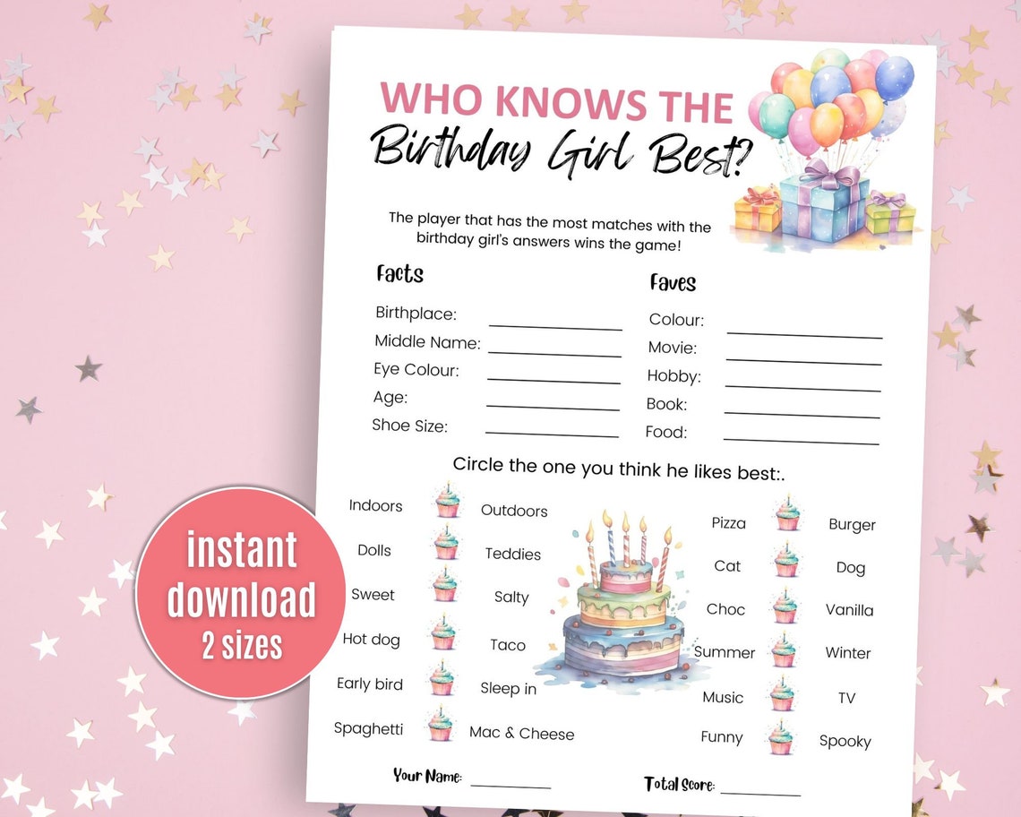 Who Knows the Birthday Girl Best Party Game Printable Party Games for ...
