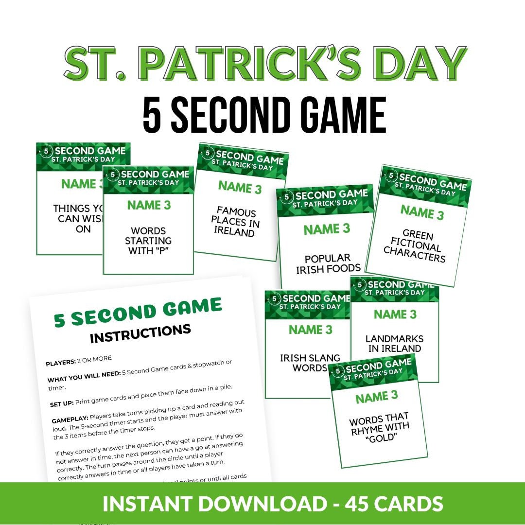 St Patrick's Day 5 Second Game Printable St Patricks 5 Seconds Game St ...