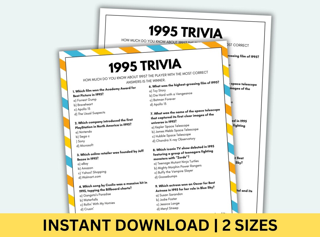 1995 Trivia Game Printable 30th Birthday Games Born in 1995 Game ...