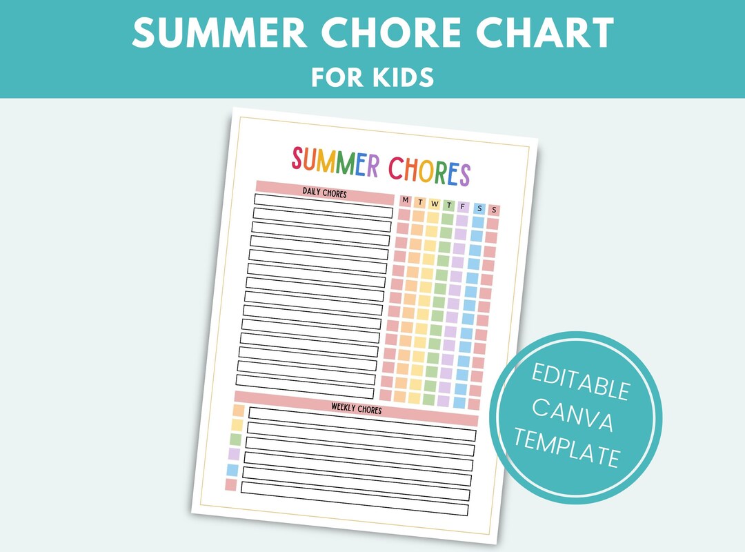 Summer Chore Chart for Kids Daily Summer Schedule Summer Routine Summer ...