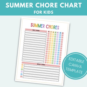 Summer Chore Chart for Kids Daily Summer Schedule Summer Routine Summer ...