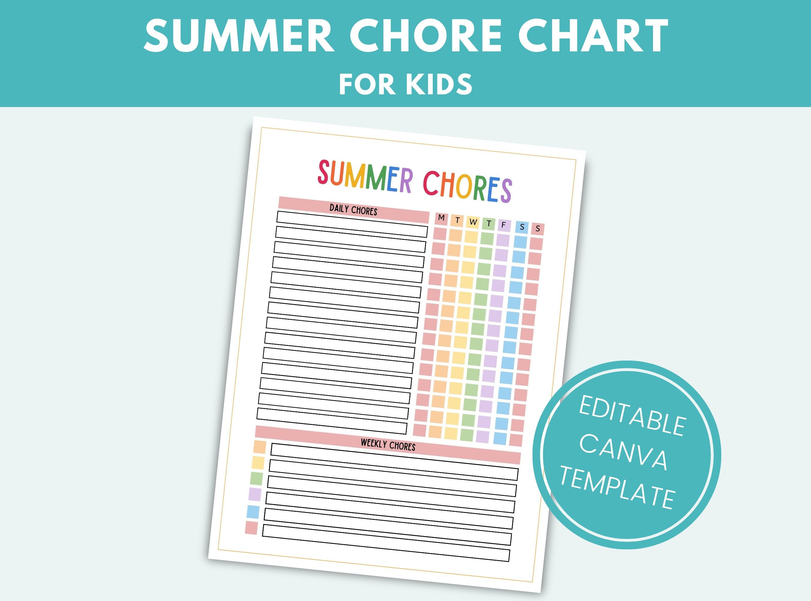 Summer Chore Chart for Kids Daily Summer Schedule Summer Routine Summer ...