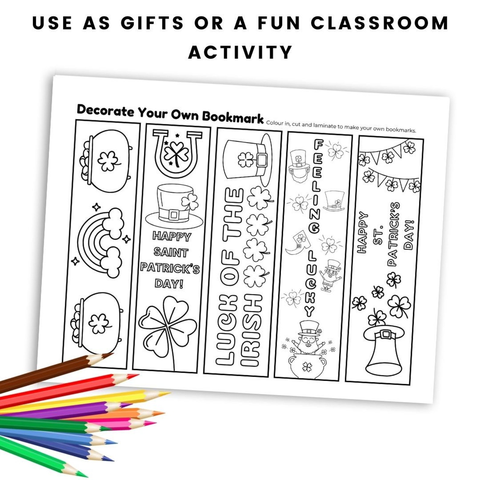 St Patrick's Day Coloring Bookmarks Printable St Patty's Day Bookmarks ...