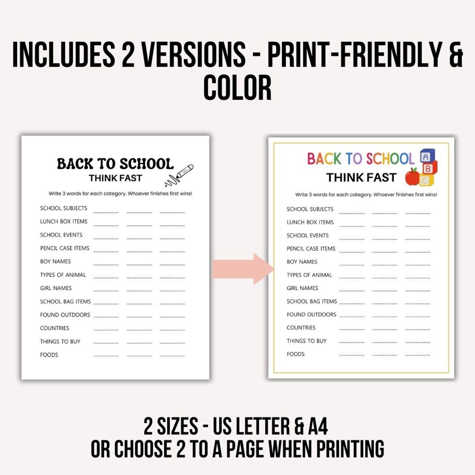 Back to School Think Fast Game First Day of School Activity Printable ...