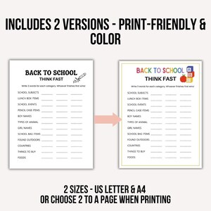 Back to School Think Fast Game First Day of School Activity Printable ...