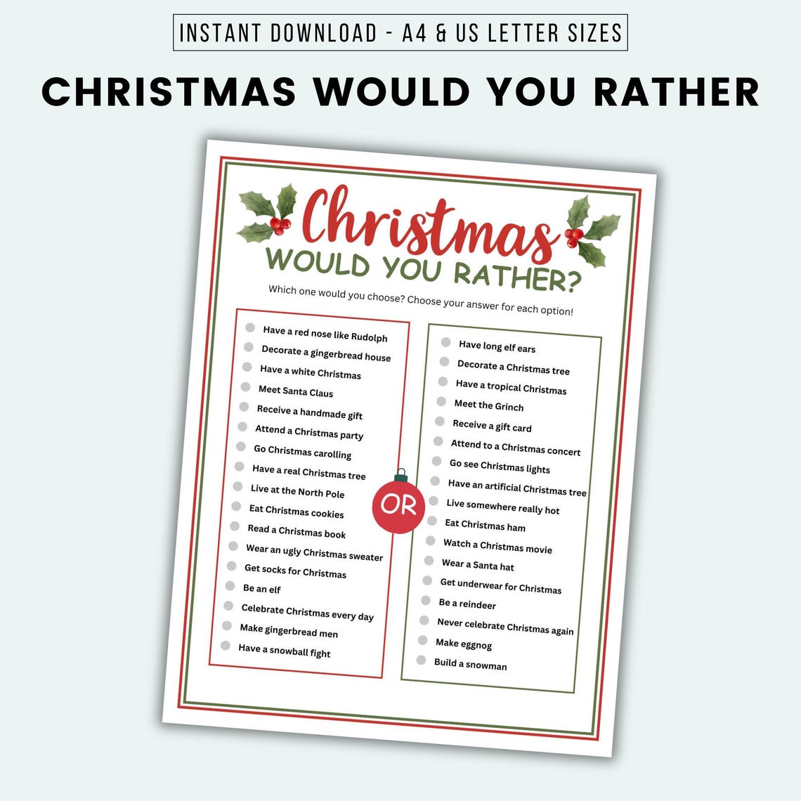 Would You Rather Christmas Game Would You Rather Christmas Party Games ...