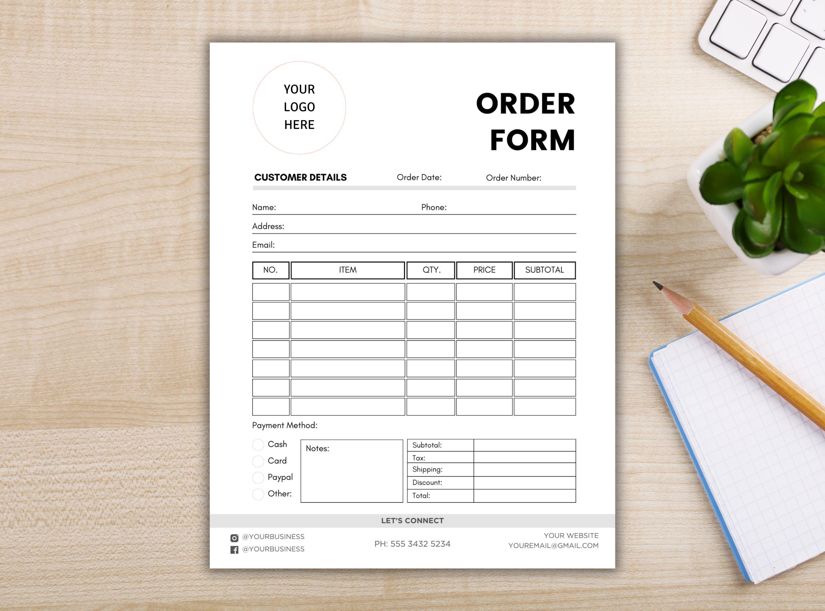 Editable Order Form Template Purchase Order Form Template Fillable ...