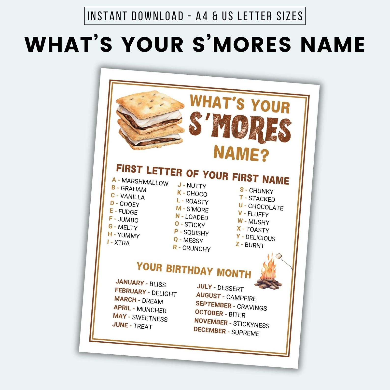 What's Your Smores Name Party Game Printable S'mores Game Dragon Name ...