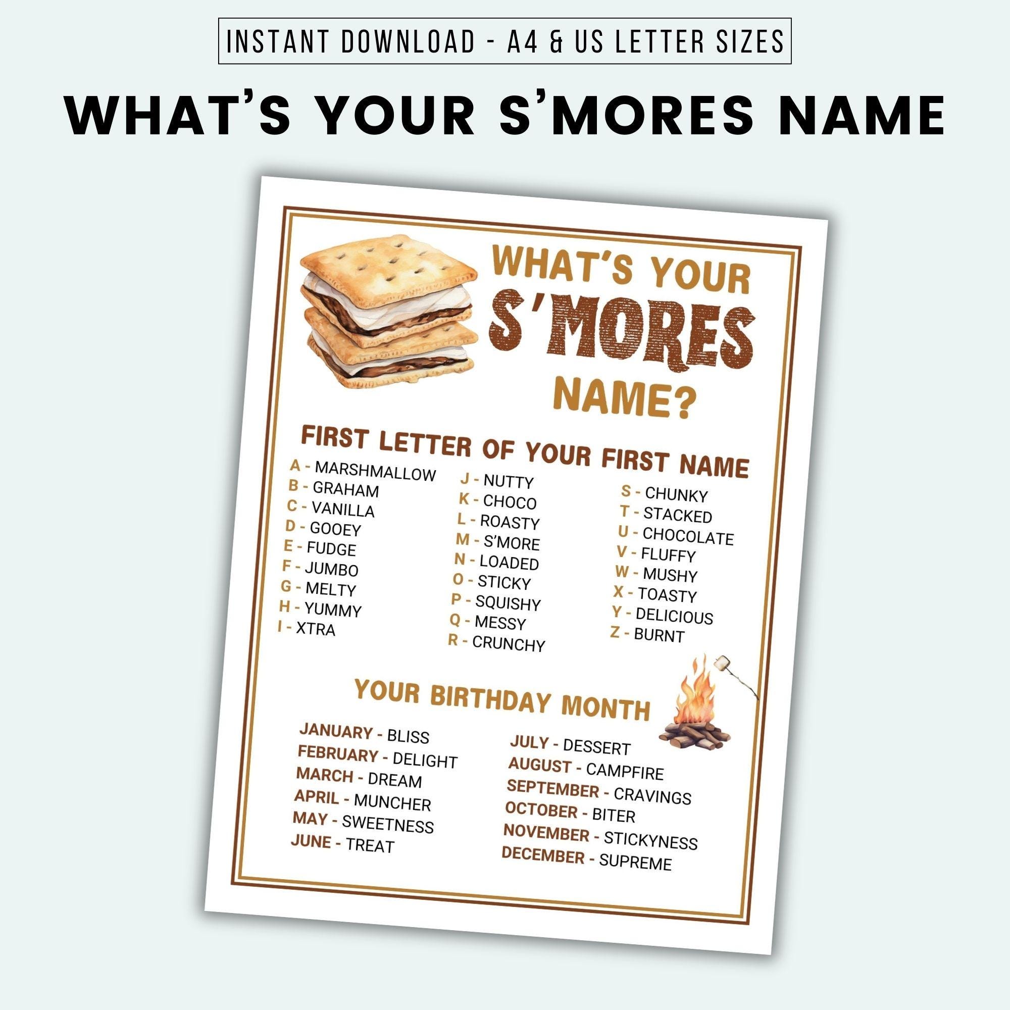 What's Your Smores Name Party Game Printable S'mores Game Dragon Name ...