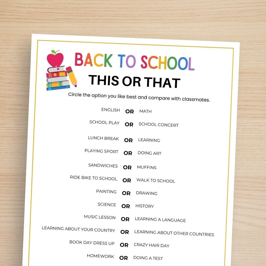 Back to School This or That Game First Day of School Activity Printable ...
