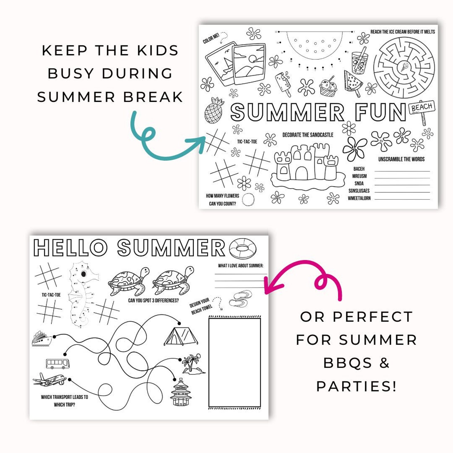 Summer Activity Placemat Printable Summer Coloring Placemats Summer ...
