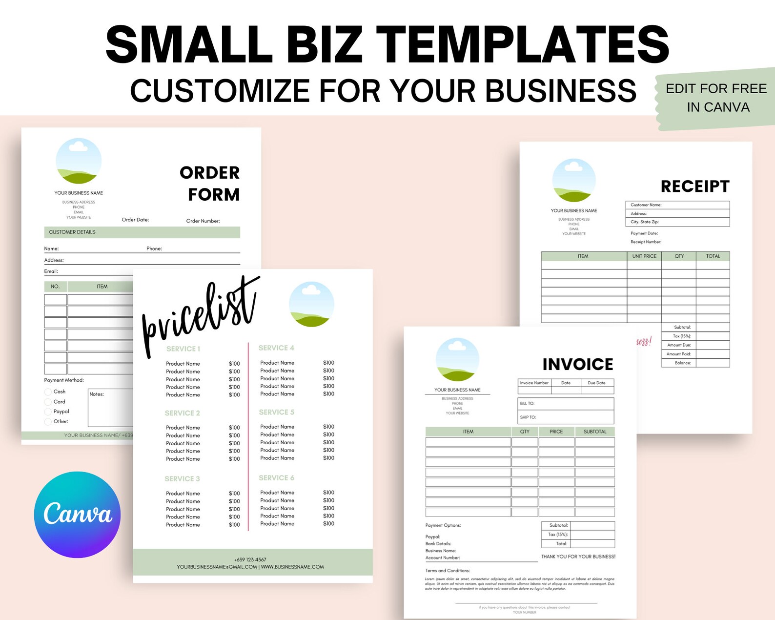 Invoice Template Editable Order Form Template, Receipt Template, Price ...